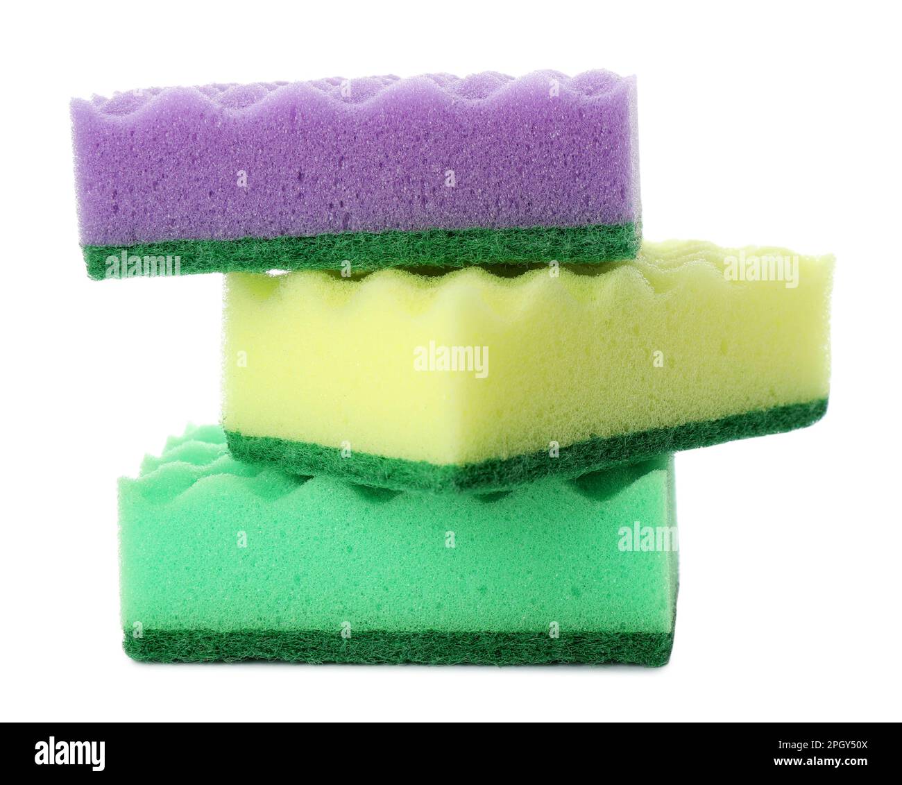 Bright cleaning sponges with abrasive scourers on white background ...