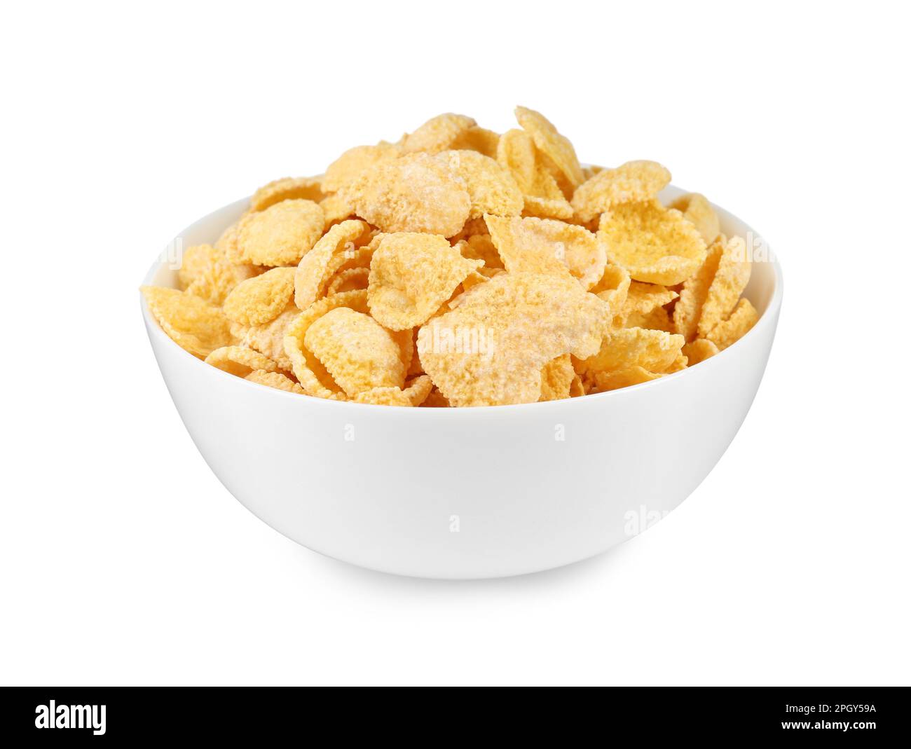 Bowl of sweet crispy corn flakes on white background. Breakfast cereal ...