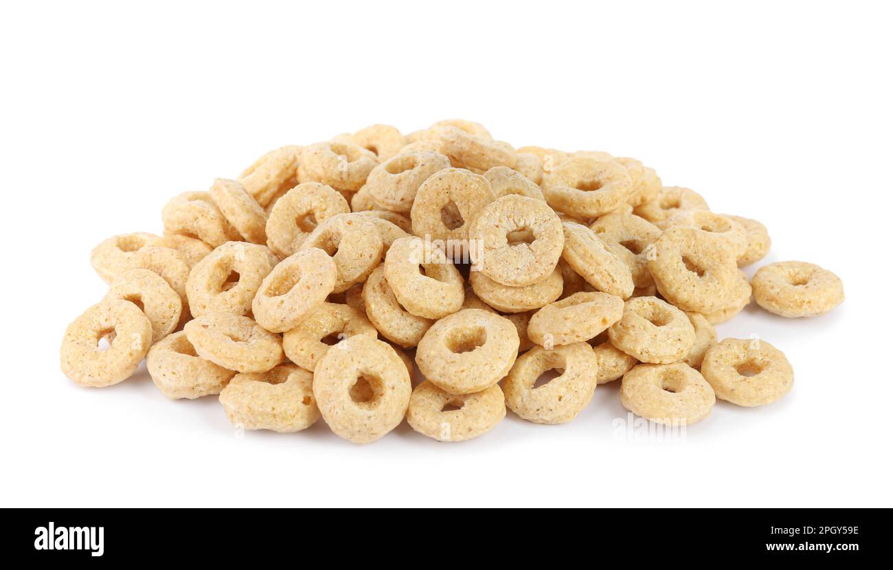 Sweet crispy corn rings on white background. Breakfast cereal Stock ...