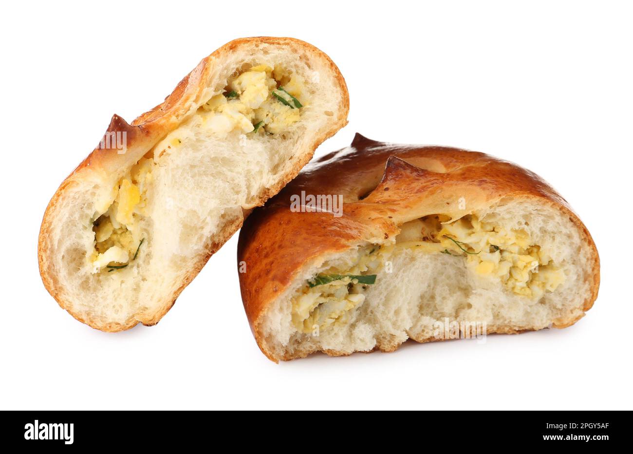 Delicious baked patty with egg on white background Stock Photo - Alamy