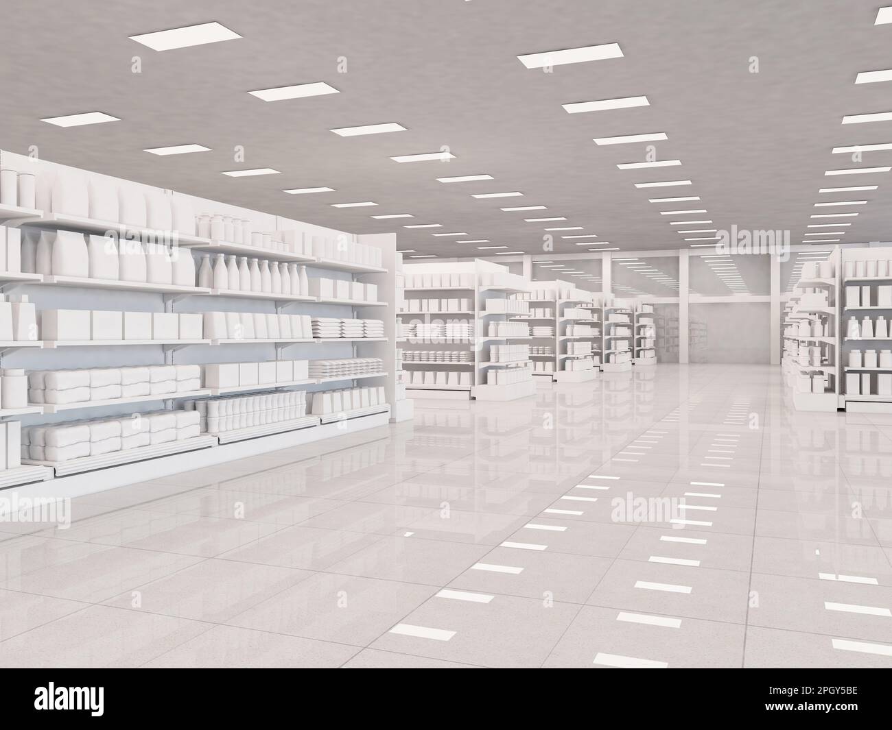 Interior of a supermarket with shelves that contains blank goods ...