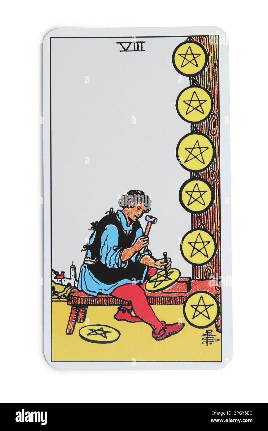 Eight of Pentacles isolated on white. Tarot card Stock Photo - Alamy