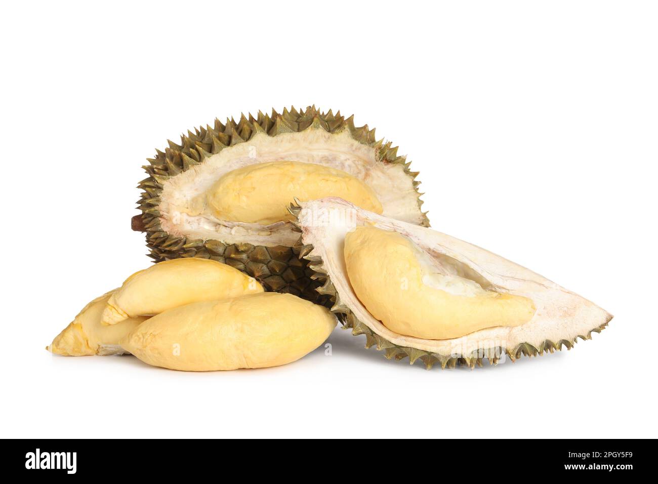 Fresh ripe durians on white background. Tropical fruit Stock Photo - Alamy
