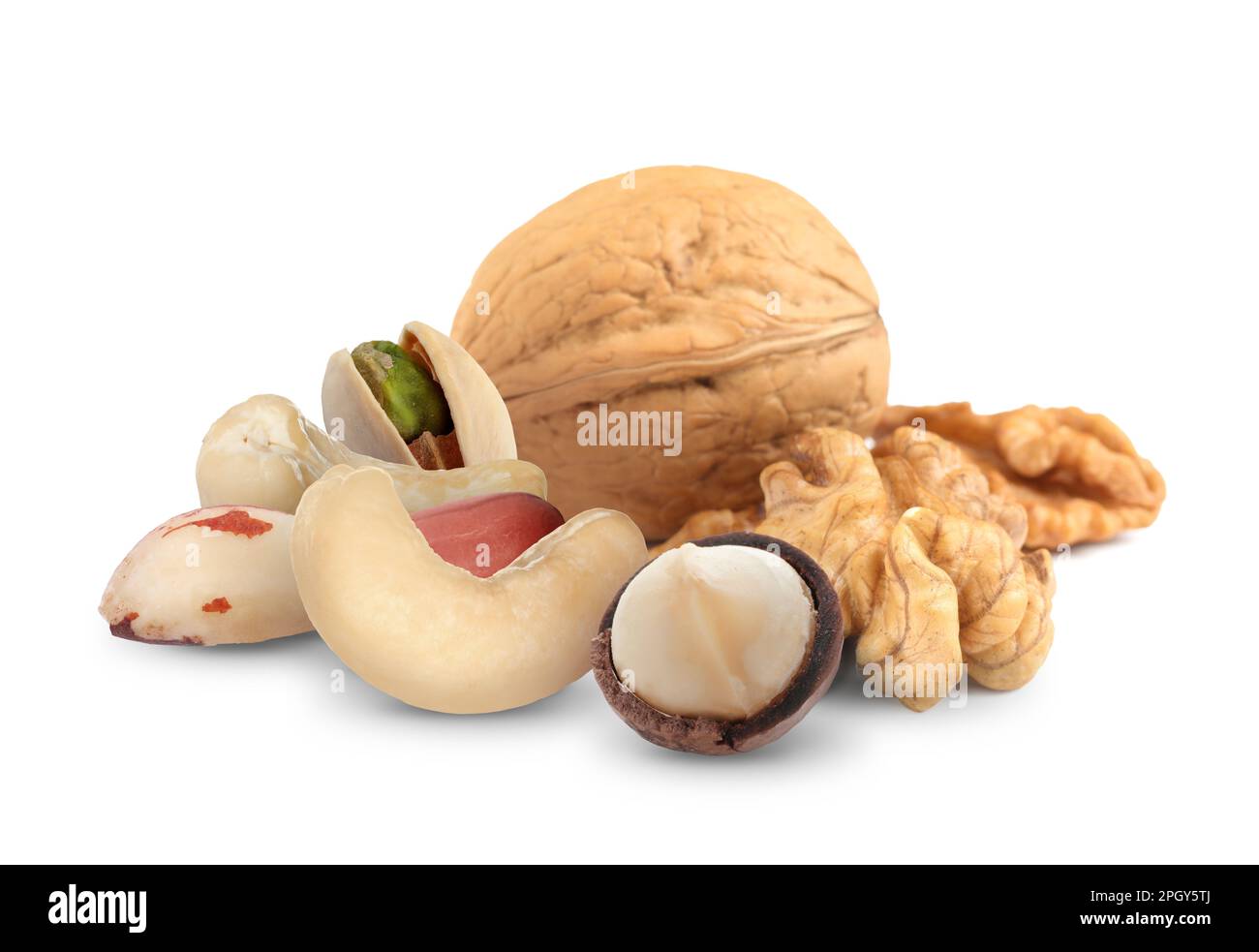 Mix of tasty organic nuts on white background Stock Photo - Alamy