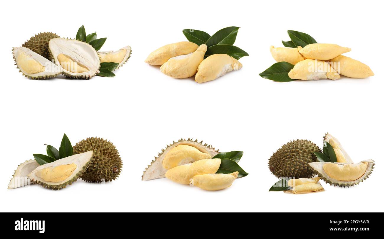 Set with ripe durians on white background Stock Photo - Alamy