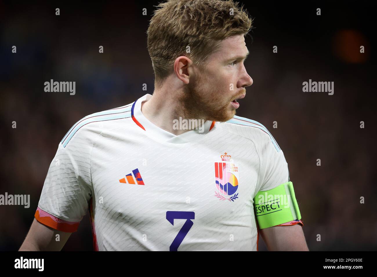 Solna, Sweden. 24th Mar, 2023. Belgium's captain Kevin De Bruyne ...