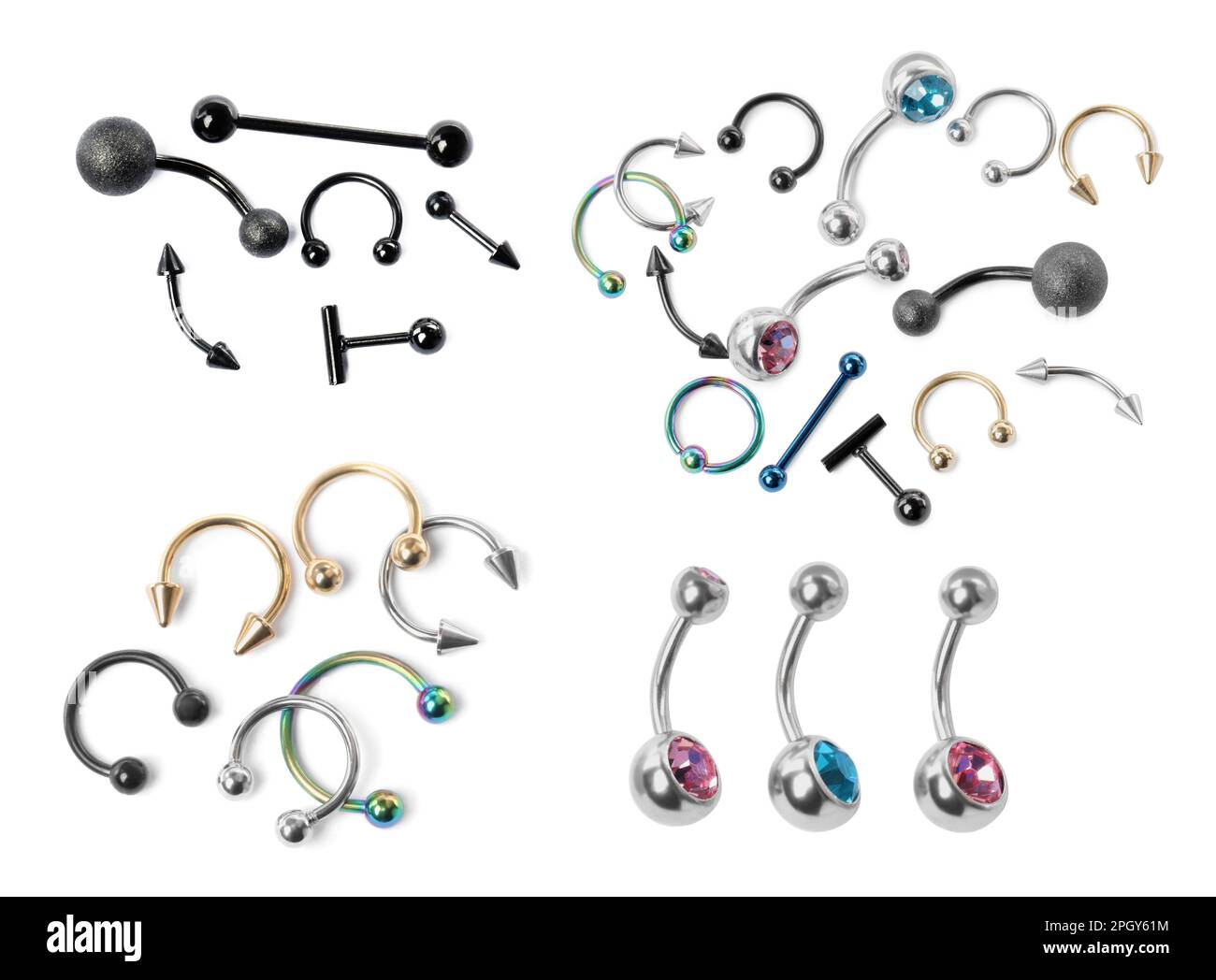 Set with different piercing jewelry on white background Stock Photo - Alamy