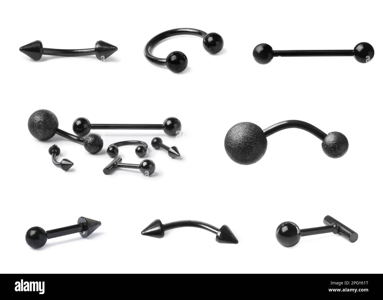 Set with different piercing jewelry on white background Stock Photo - Alamy