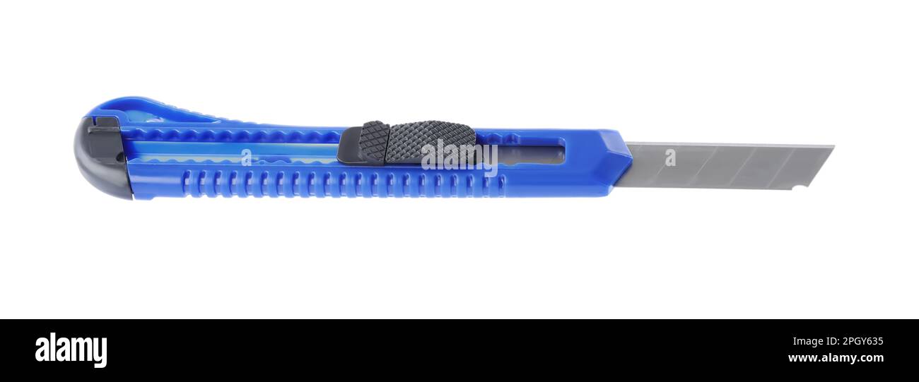 Blue utility knife isolated on white. Construction tool Stock Photo - Alamy