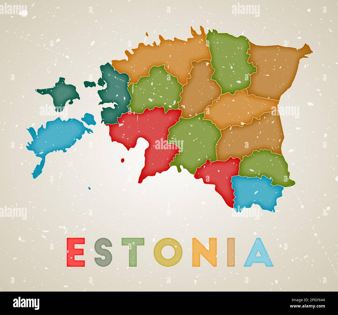Estonia map. Country poster with colored regions. Old grunge texture ...