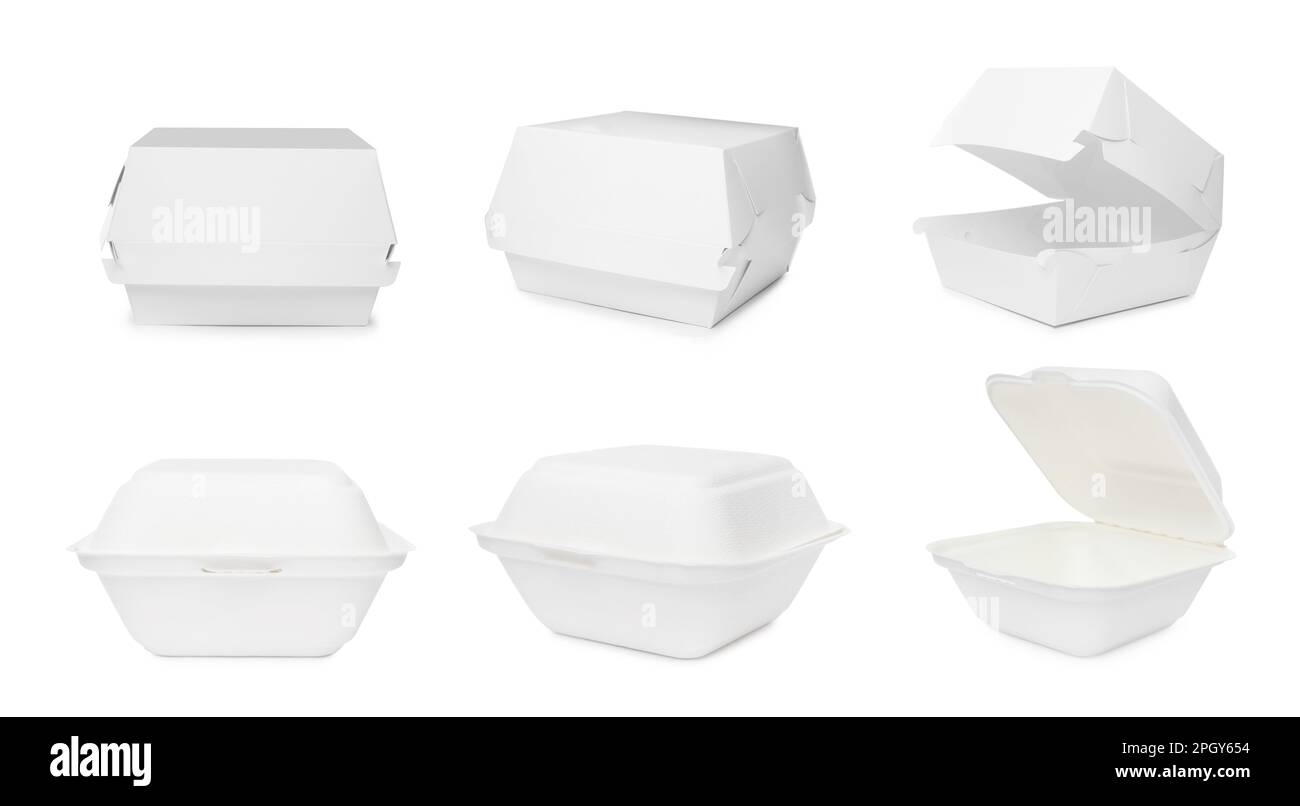 Set with empty containers for food on white background. Banner design ...