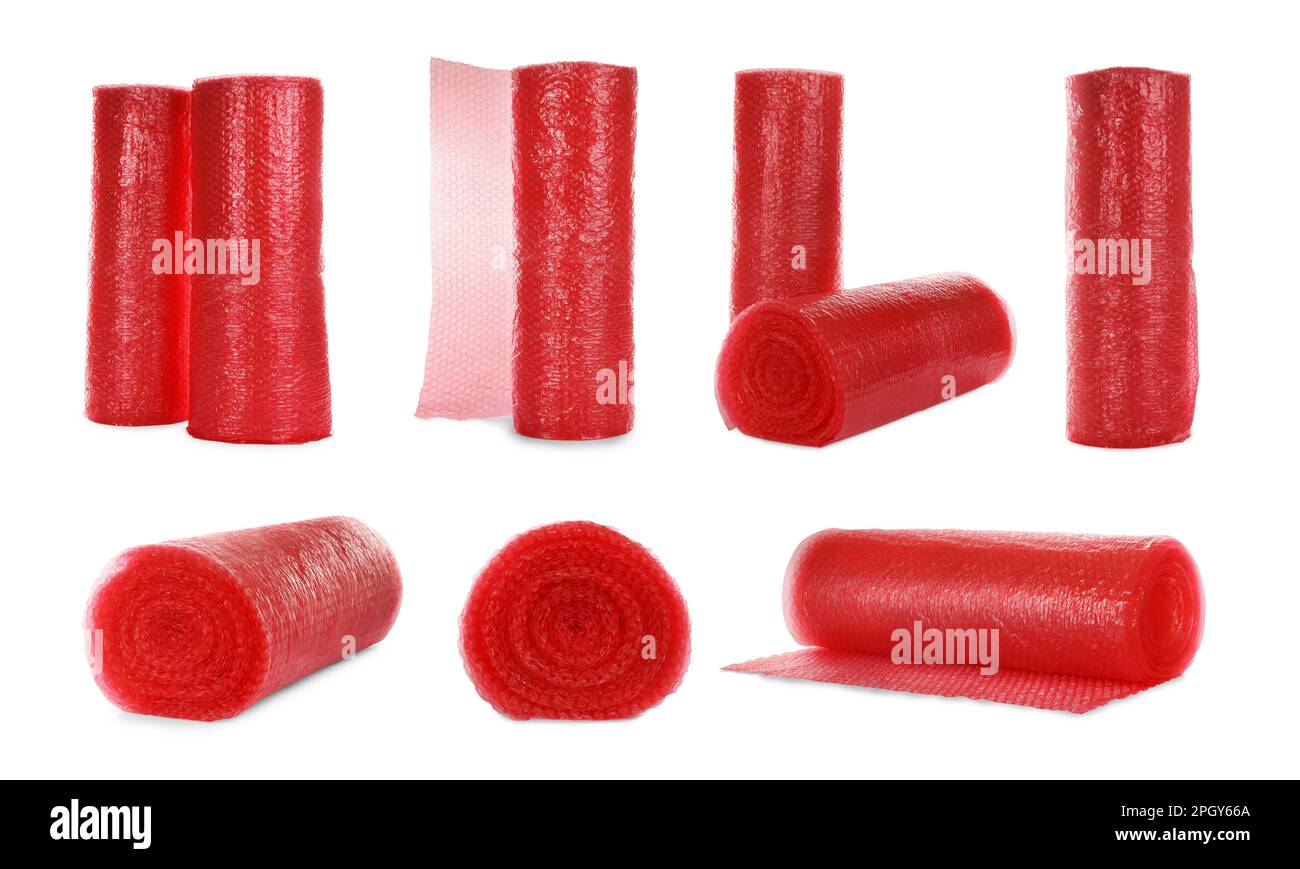 Set with red bubble wrap rolls on white background Stock Photo - Alamy