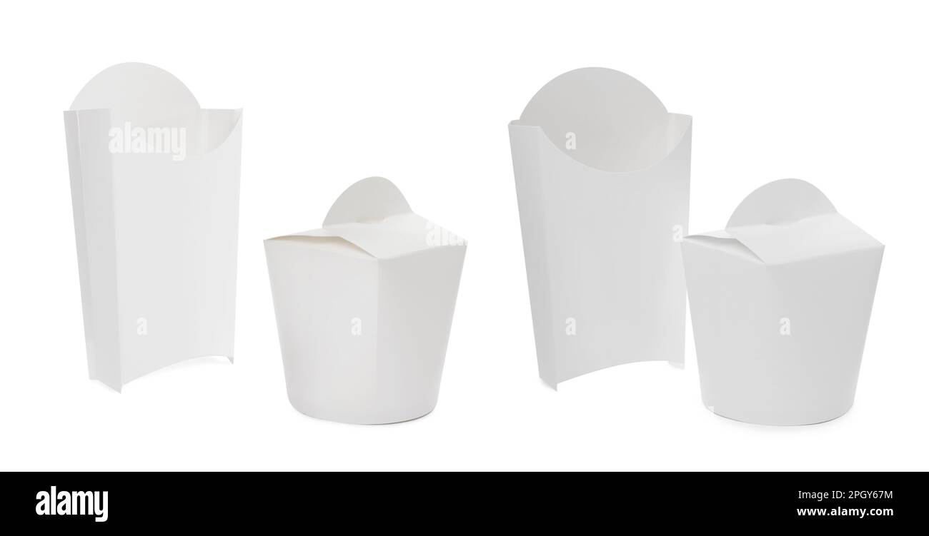 Set with different paper containers for food on white background ...