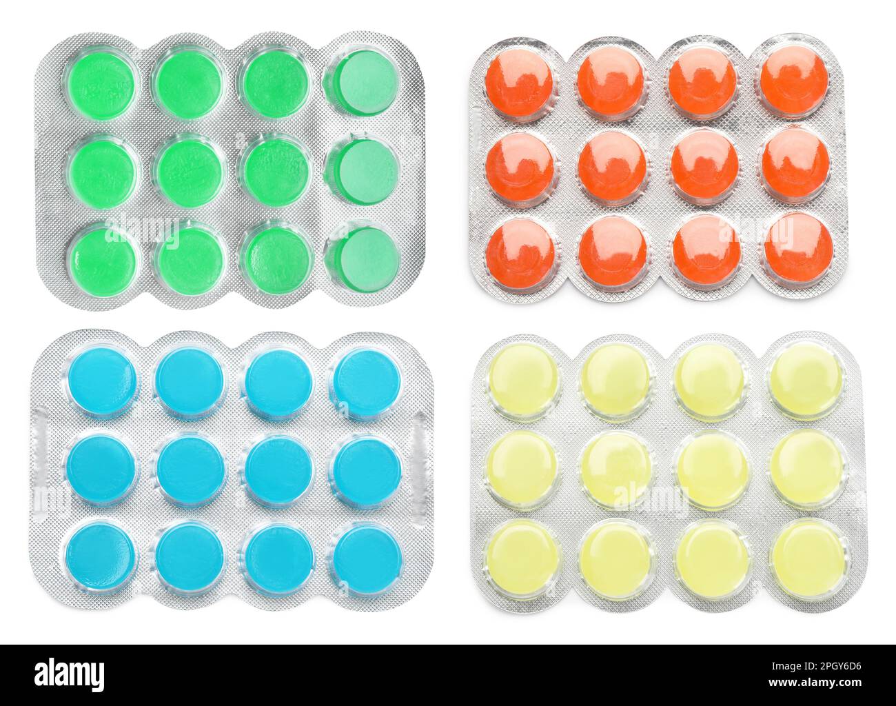 Set with different cough drops on white background, top view Stock ...