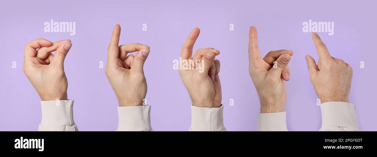 Collage with photos of men snapping fingers on lilac background ...