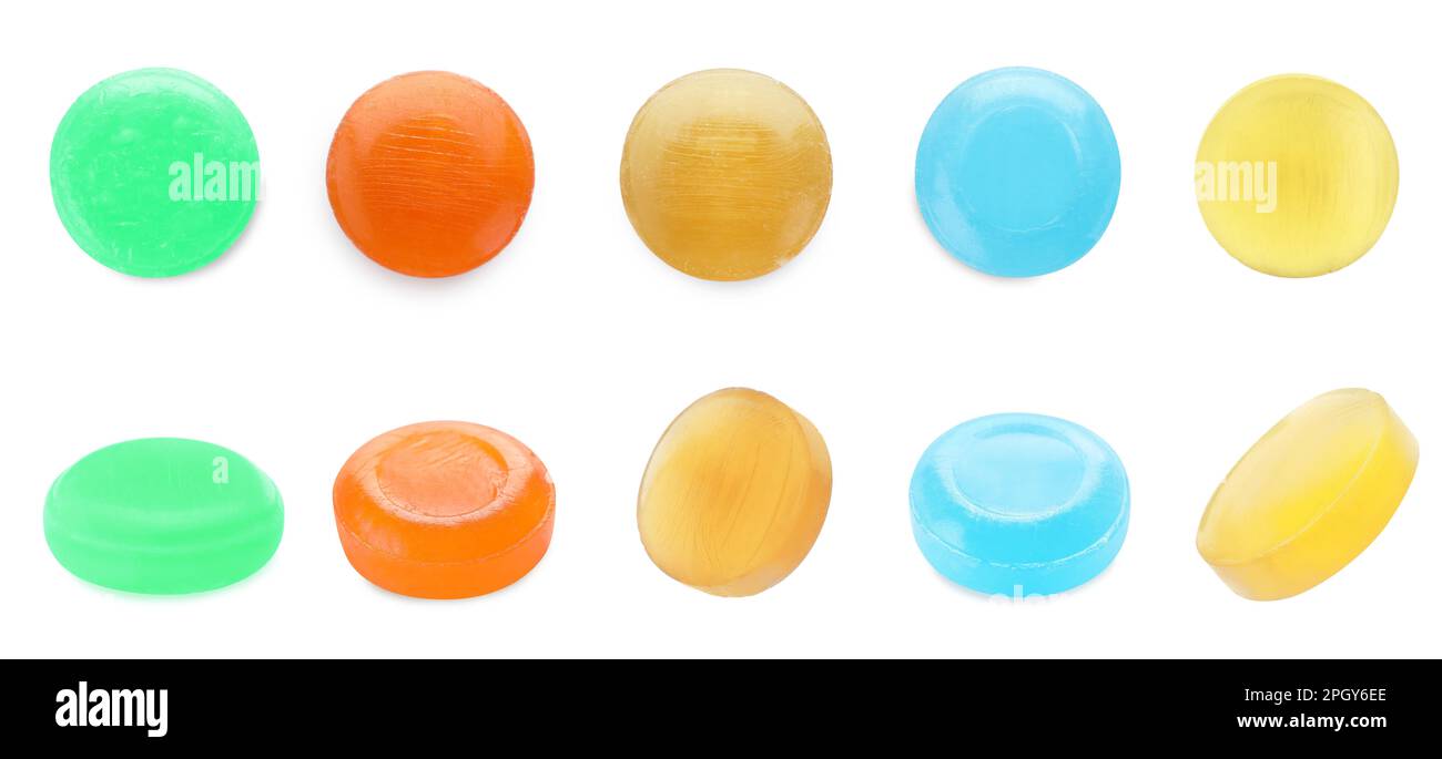 Set with different cough drops on white background. Banner design Stock ...