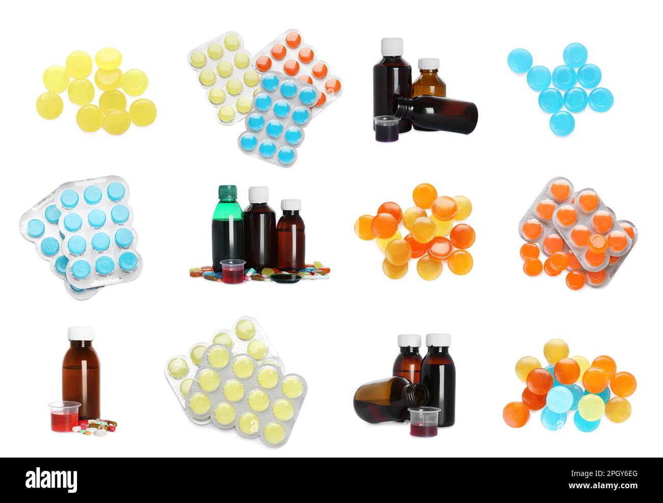 Set with different cough drops and syrup on white background Stock ...