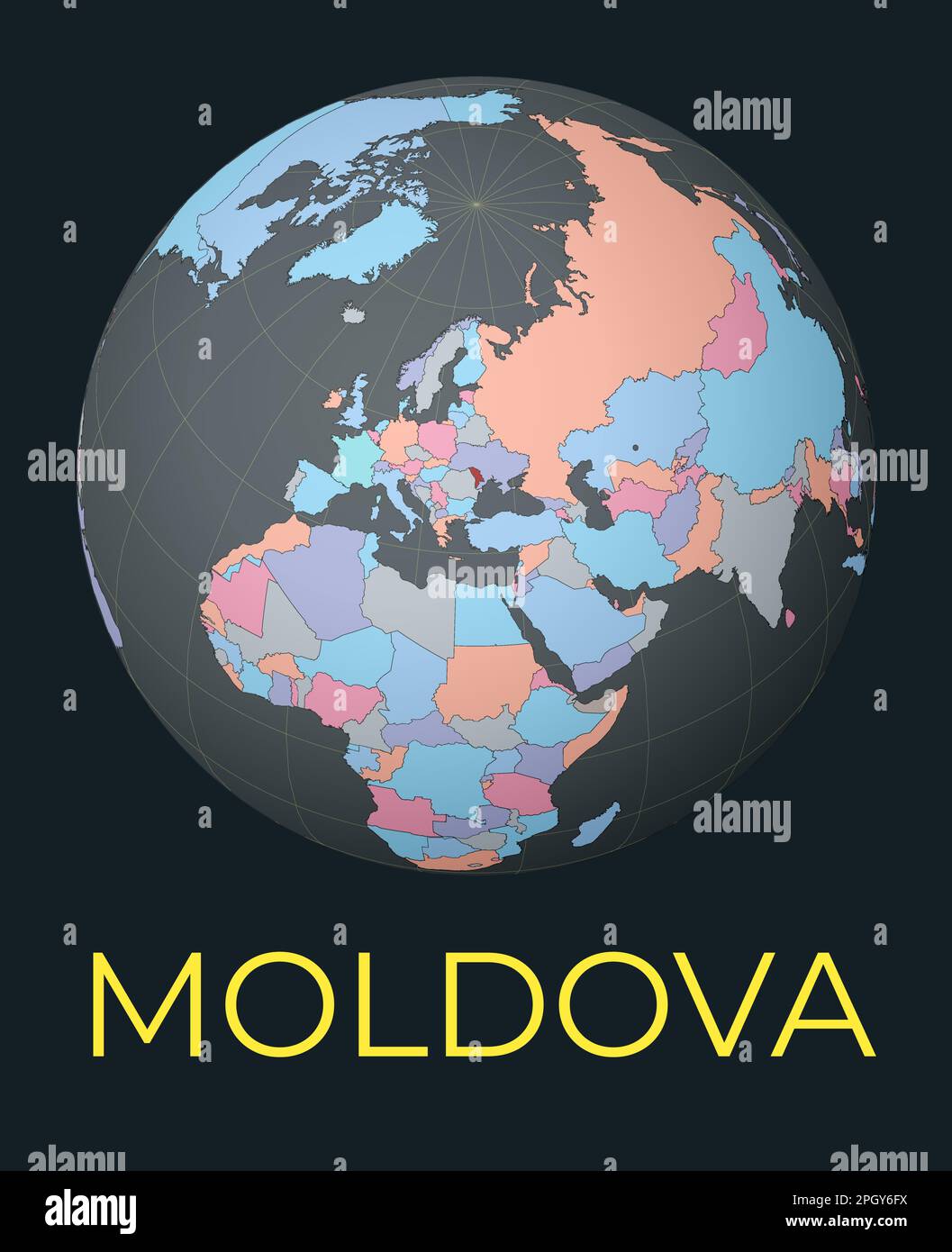 World map centered on Moldova. Red country highlighted. Satellite world ...