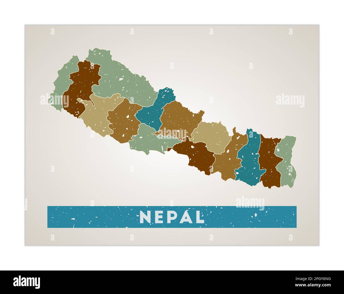Nepal map. Country poster with regions. Old grunge texture. Shape of ...