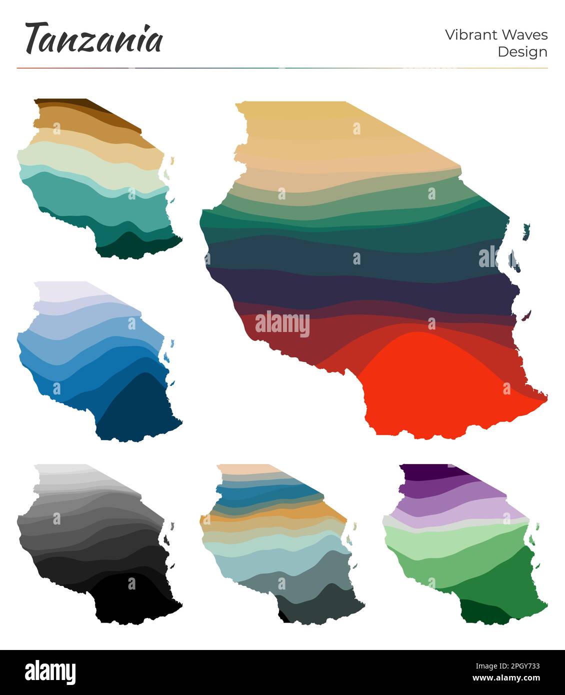 Set of vector maps of Tanzania. Vibrant waves design. Bright map of the country in geometric ...