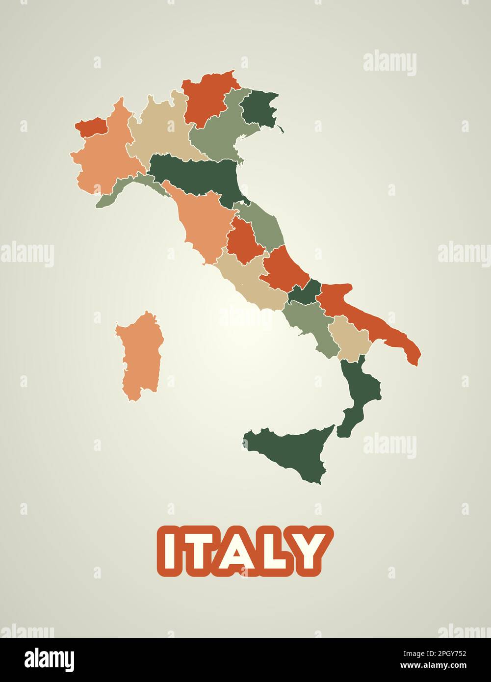 Italy poster in retro style. Map of the country with regions in autumn ...
