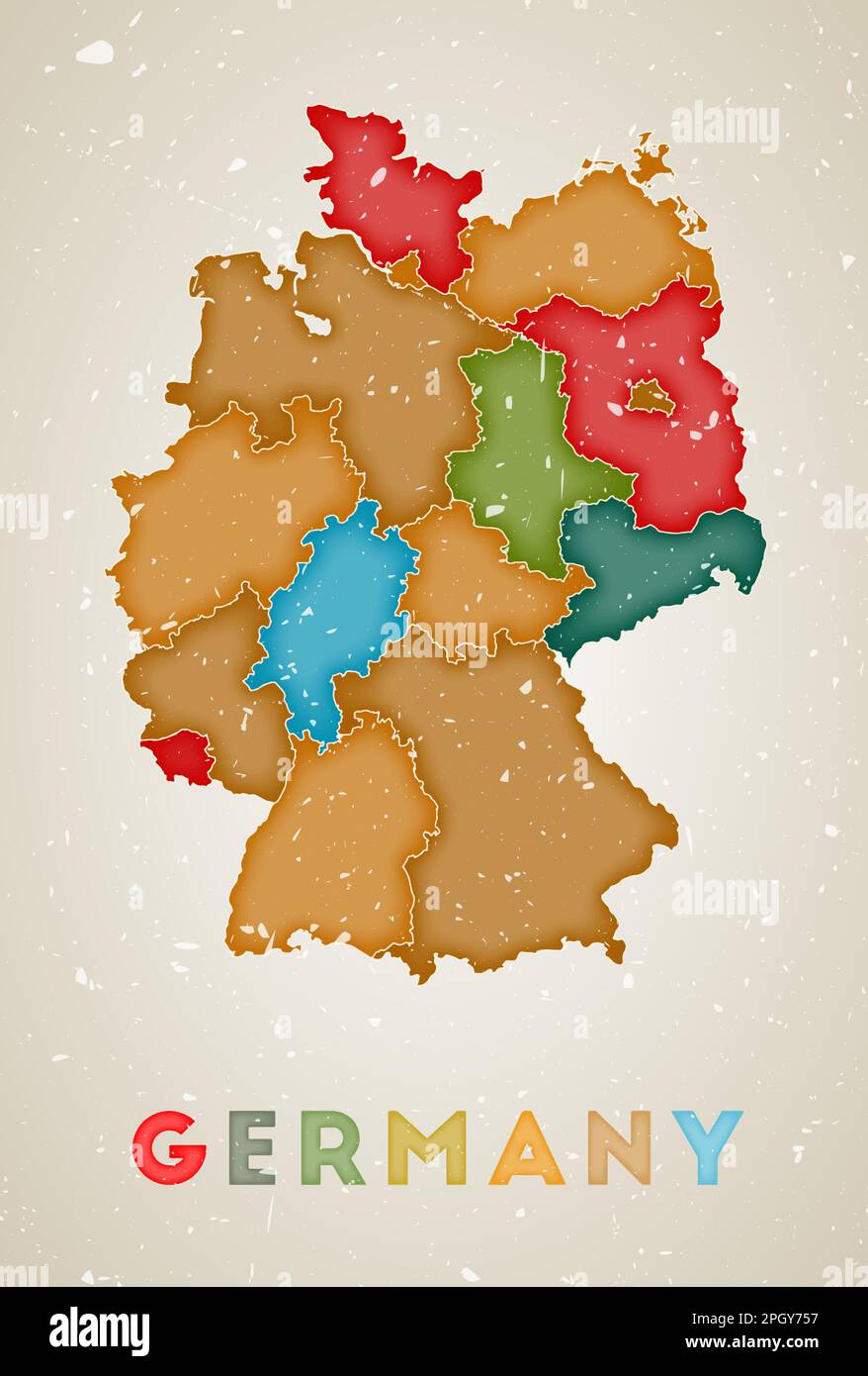 Germany map. Country poster with colored regions. Old grunge texture ...