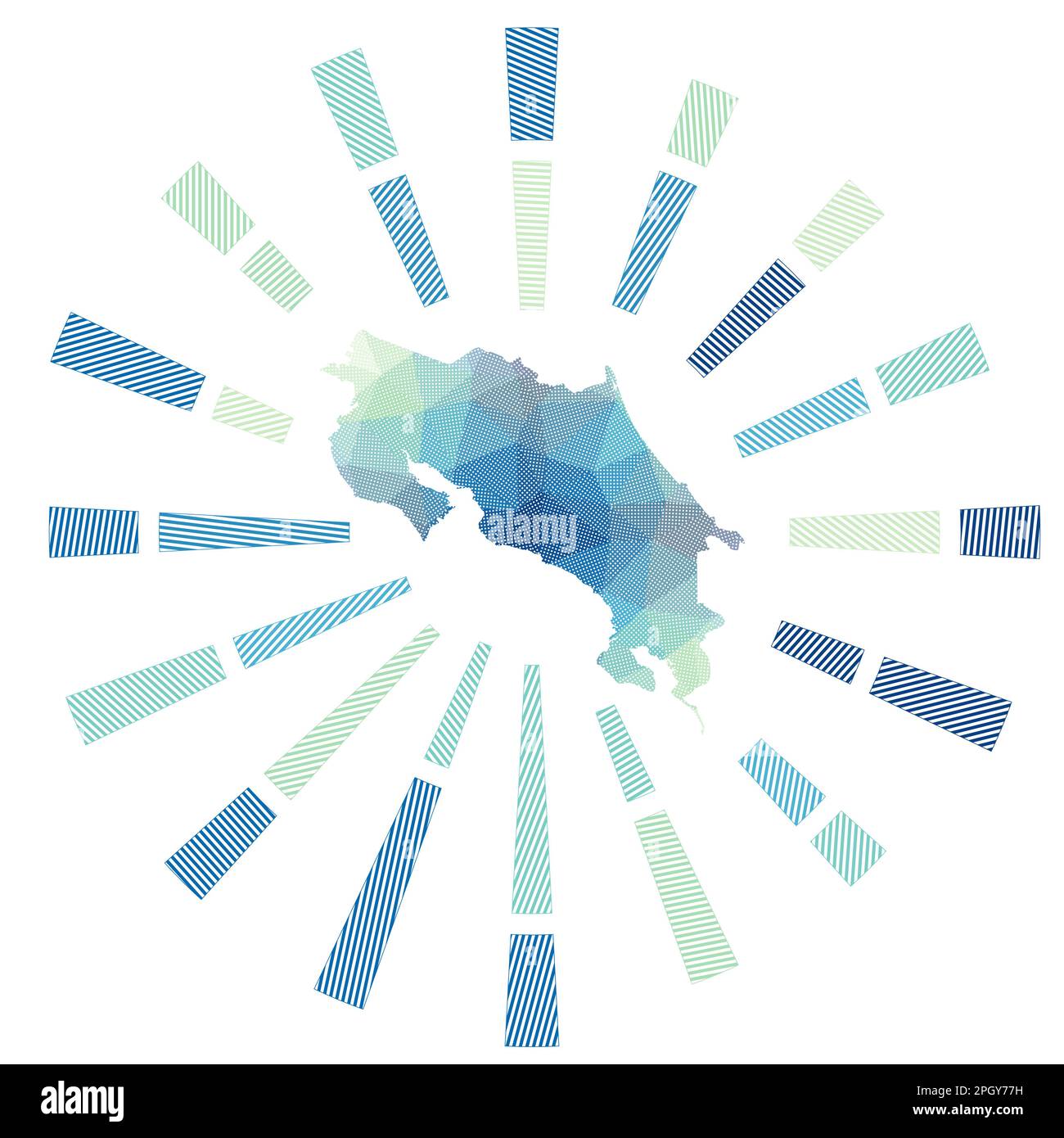 Costa Rica sunburst. Low poly striped rays and map of the country ...