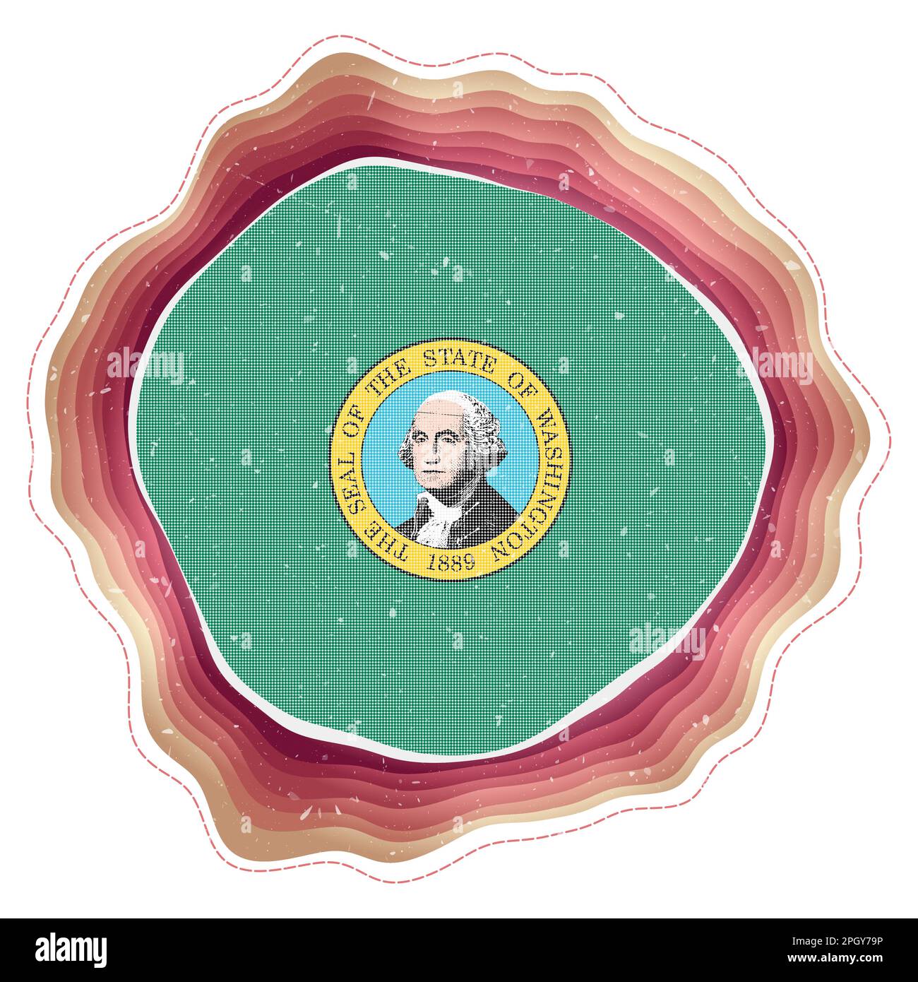 Washington flag in frame. Badge of the US state. Layered circular sign around Washington flag ...