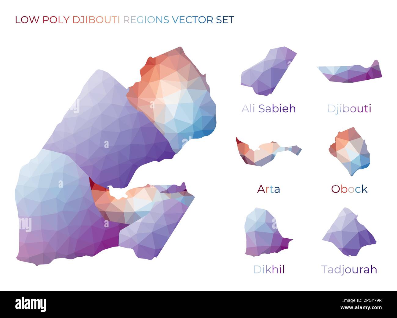 Djibouti low poly regions. Polygonal map of Djibouti with regions. Geometric maps for your ...