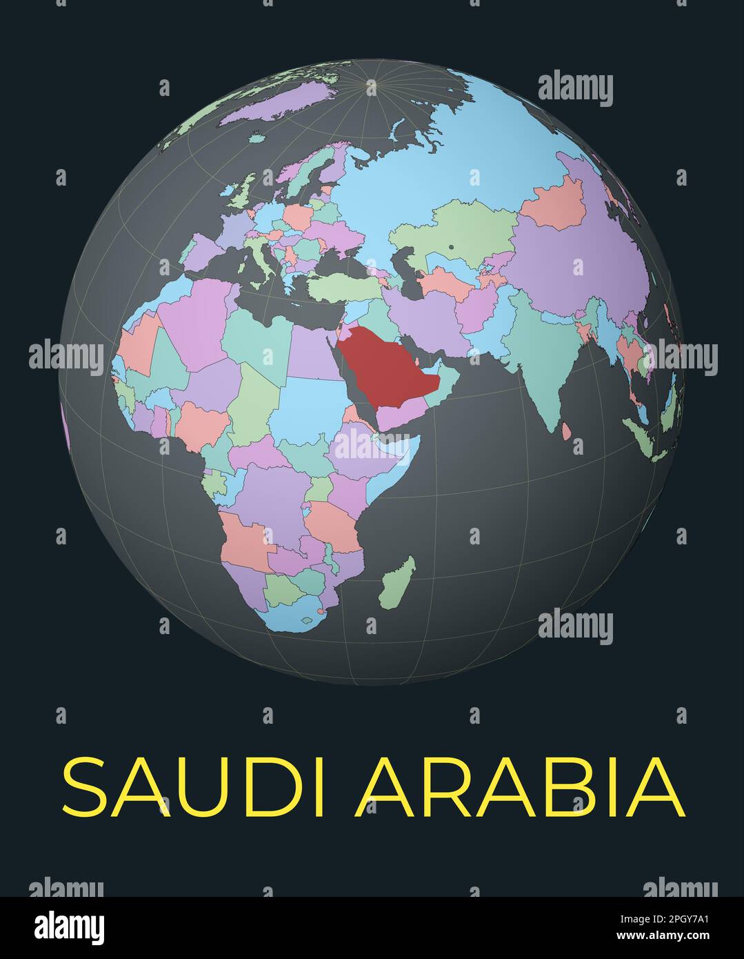 World map centered on Saudi Arabia. Red country highlighted. Satellite world view centered on ...