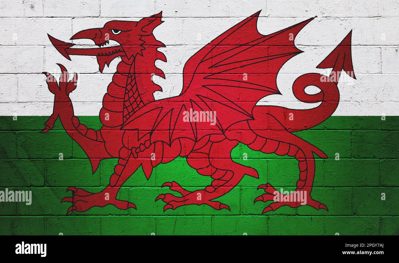 Flag of Wales painted on a cinder block wall Stock Photo - Alamy