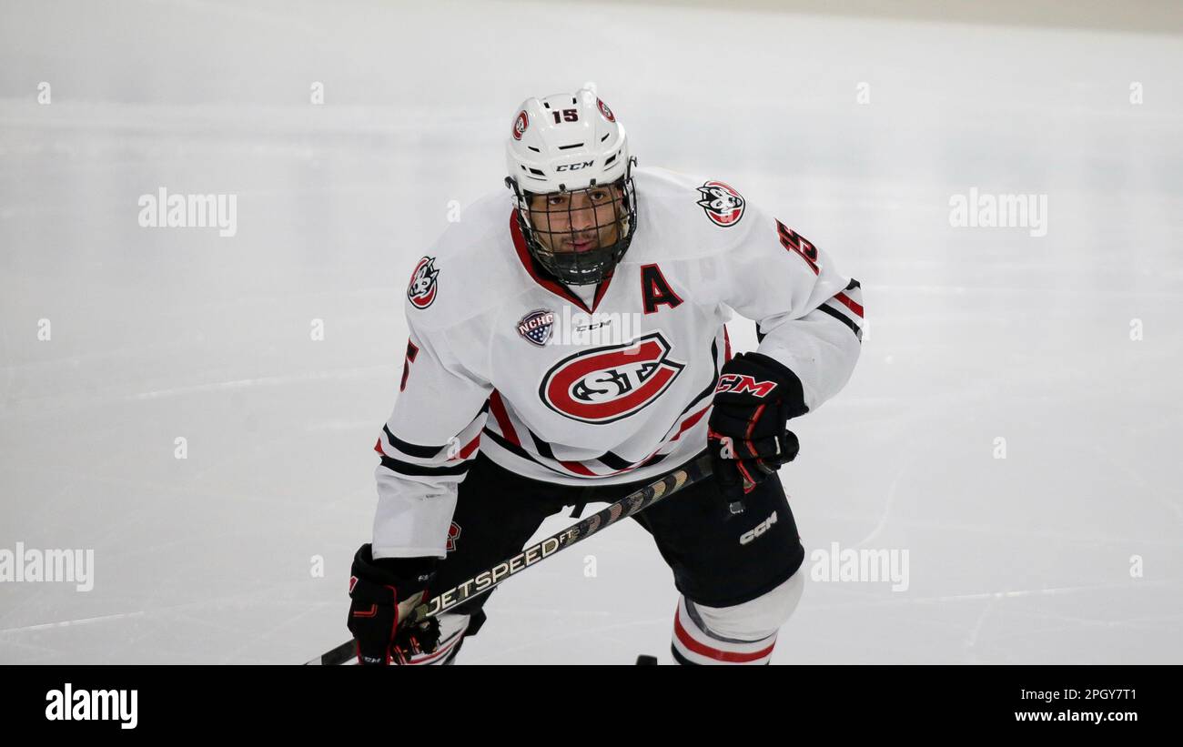 St. Cloud State forward Micah Miller plays during an NCAA hockey game ...