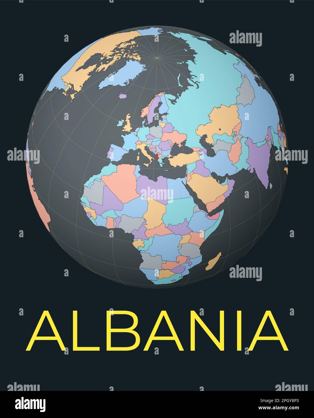 World map centered on Albania. Red country highlighted. Satellite world ...
