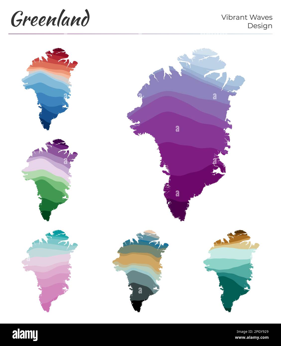 Set of vector maps of Greenland. Vibrant waves design. Bright map of country in geometric smooth ...