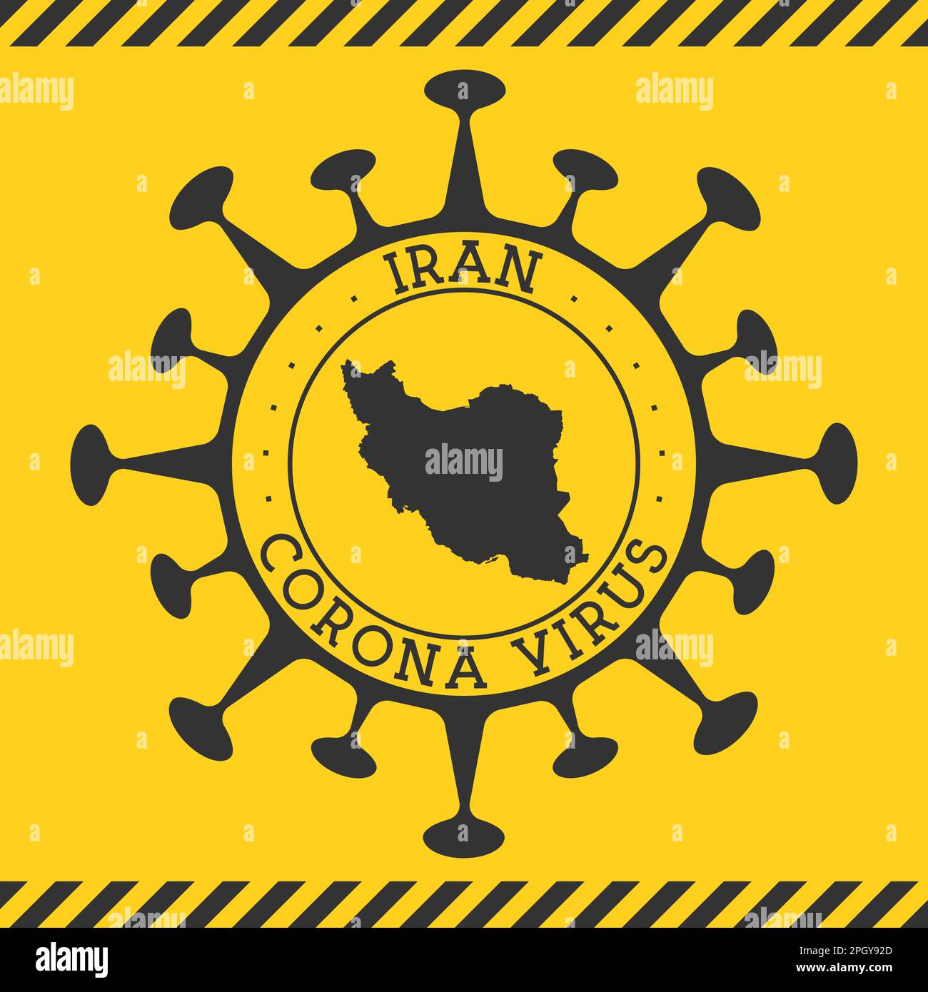 Coronavirus in Iran sign. Round badge with shape of virus and Iran map ...