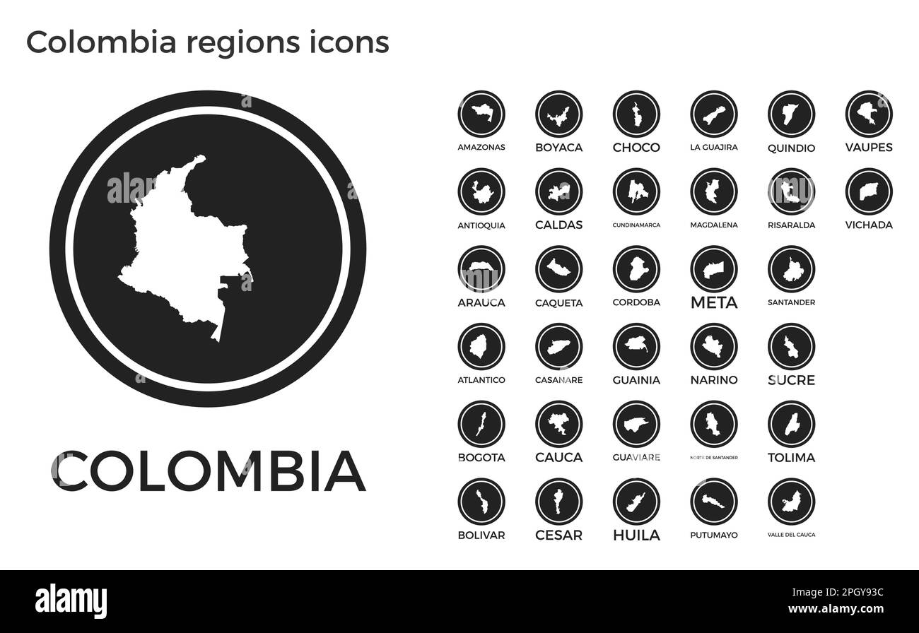 Colombia regions icons. Black round logos with country regions maps and ...