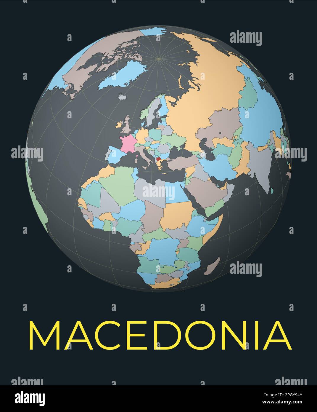 World map centered on Macedonia. Red country highlighted. Satellite ...