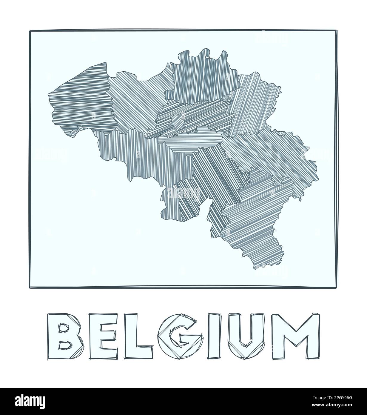 Sketch map of Belgium. Grayscale hand-drawn map of the country. Filled regions with hachure ...
