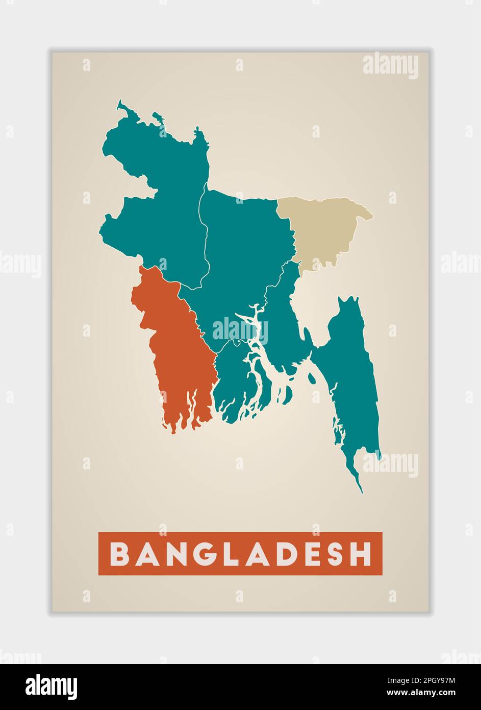Bangladesh poster. Map of the country with colorful regions. Shape of ...