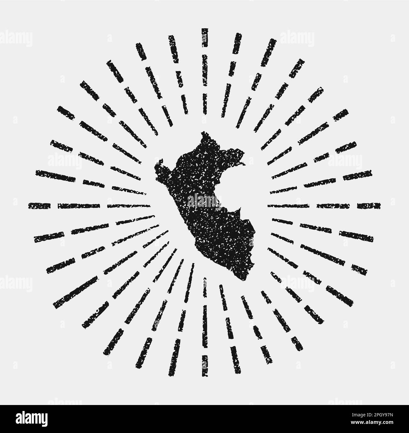 Vintage map of Peru. Grunge sunburst around the country. Black Peru ...