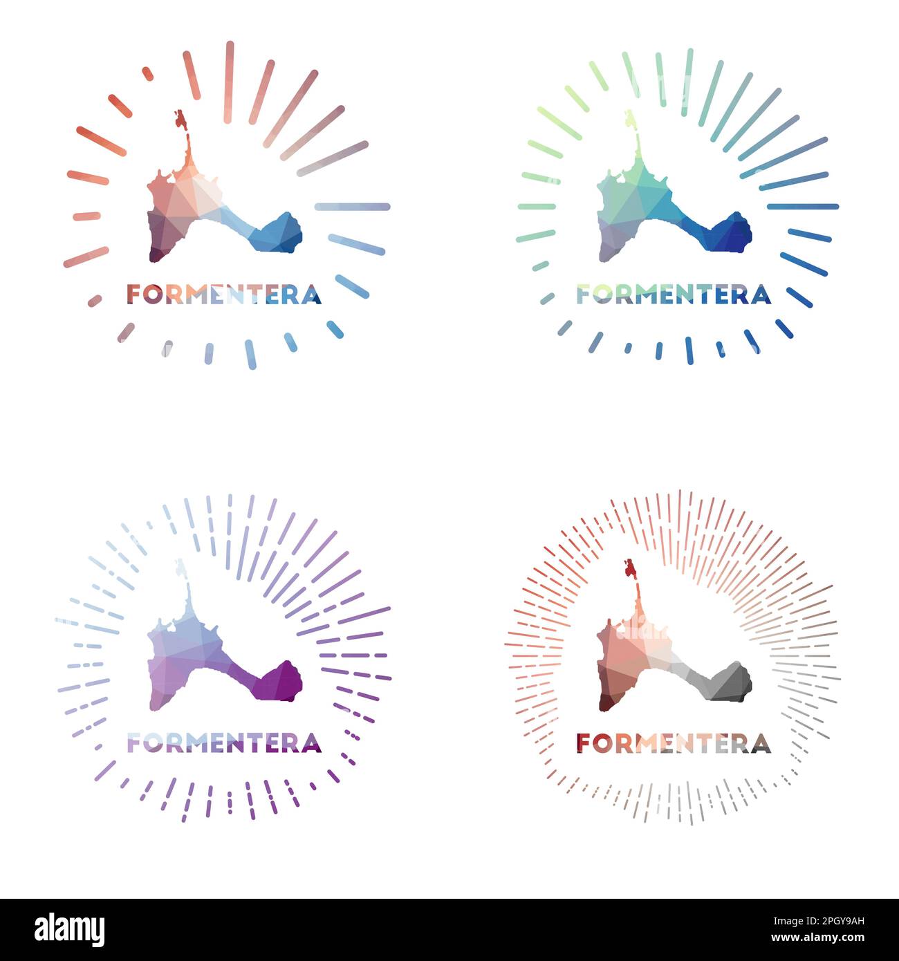Formentera low poly sunburst set. Logo of island in geometric polygonal ...