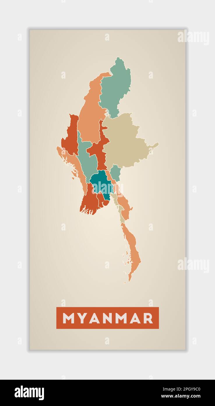 Myanmar poster. Map of the country with colorful regions. Shape of ...