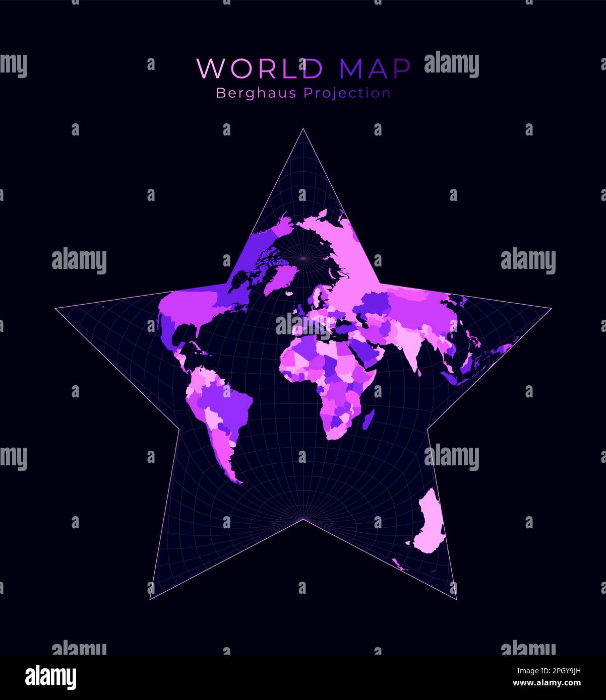 World Map. Berghaus star projection. Digital world illustration. Bright ...