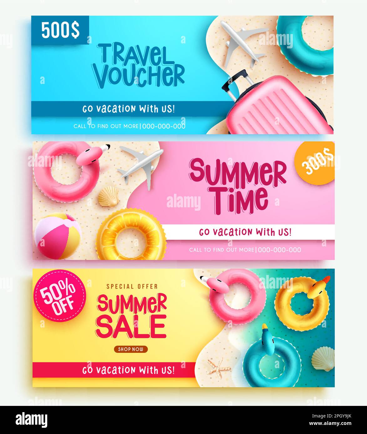 Summer vector banner set. Summer sale, travel voucher and time banner ...