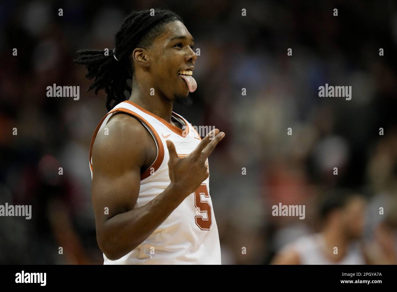 Texas guard Marcus Carr celebrates after scoring against Xavier in the ...