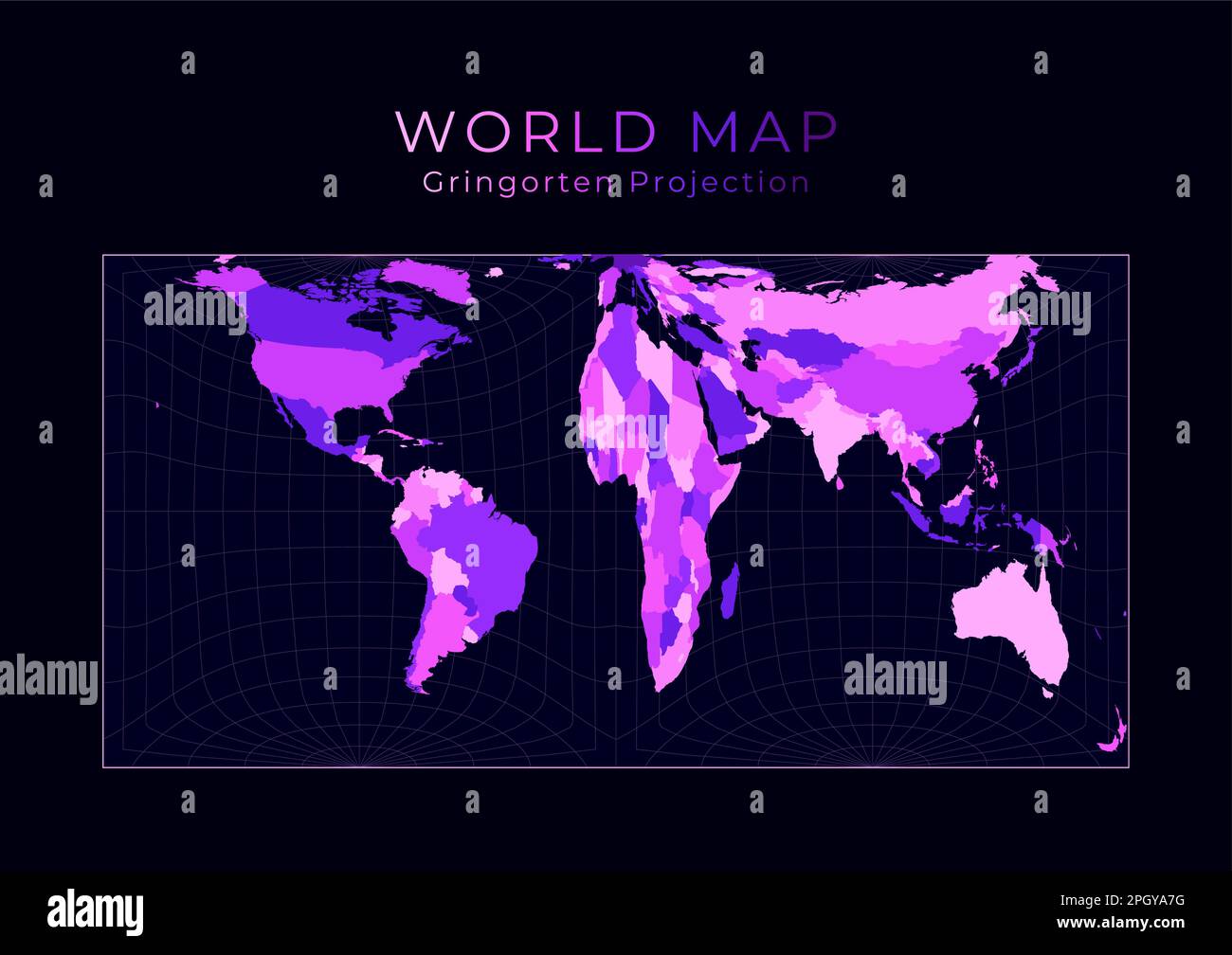 World Map. Gringorten equal-area projection. Digital world illustration. Bright pink neon colors ...