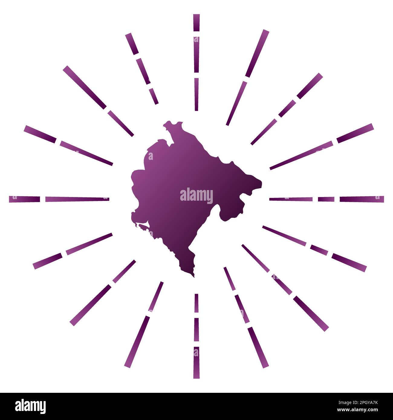 Montenegro gradiented sunburst. Map of the country with colorful star ...