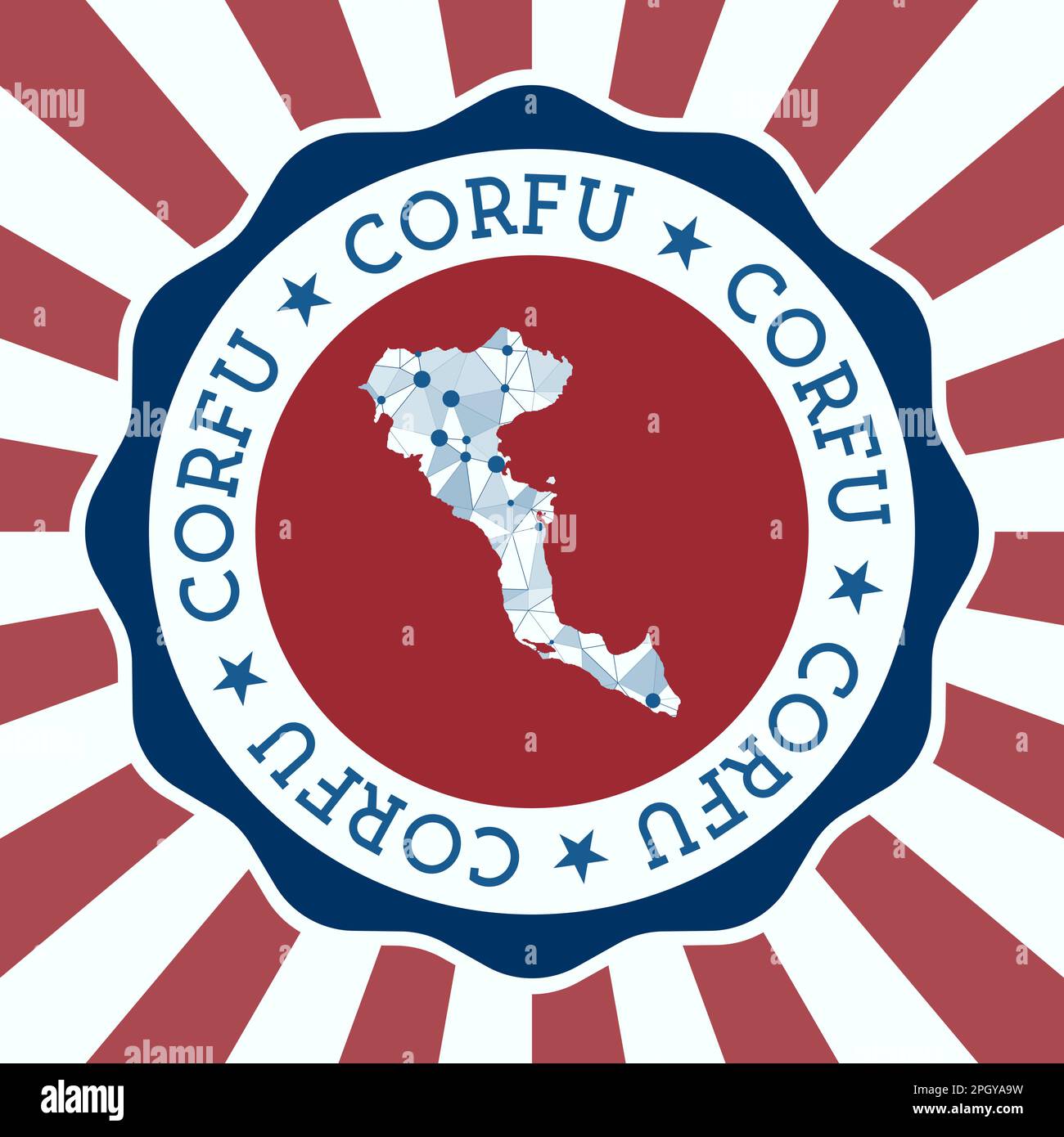Corfu Badge. Round logo of island with triangular mesh map and radial ...