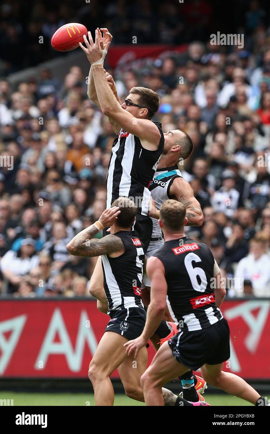 Mason Cox of the Magpies attempts a mark during the AFL Round 2 match ...