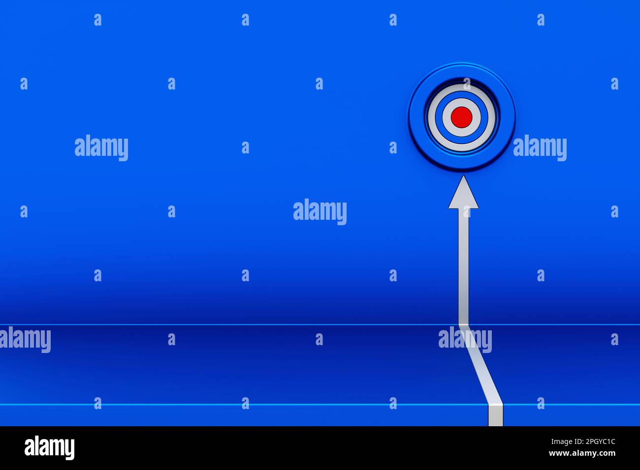 White arrow hit the target on blue metal wall. White arrow climbing up ...